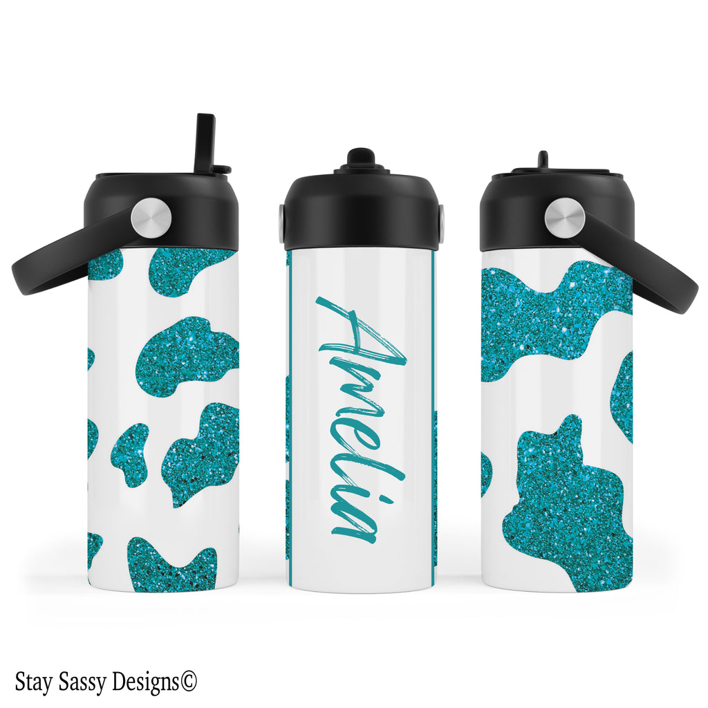 Personalized Teal Cow Print Water Bottle – Stay Sassy Designs
