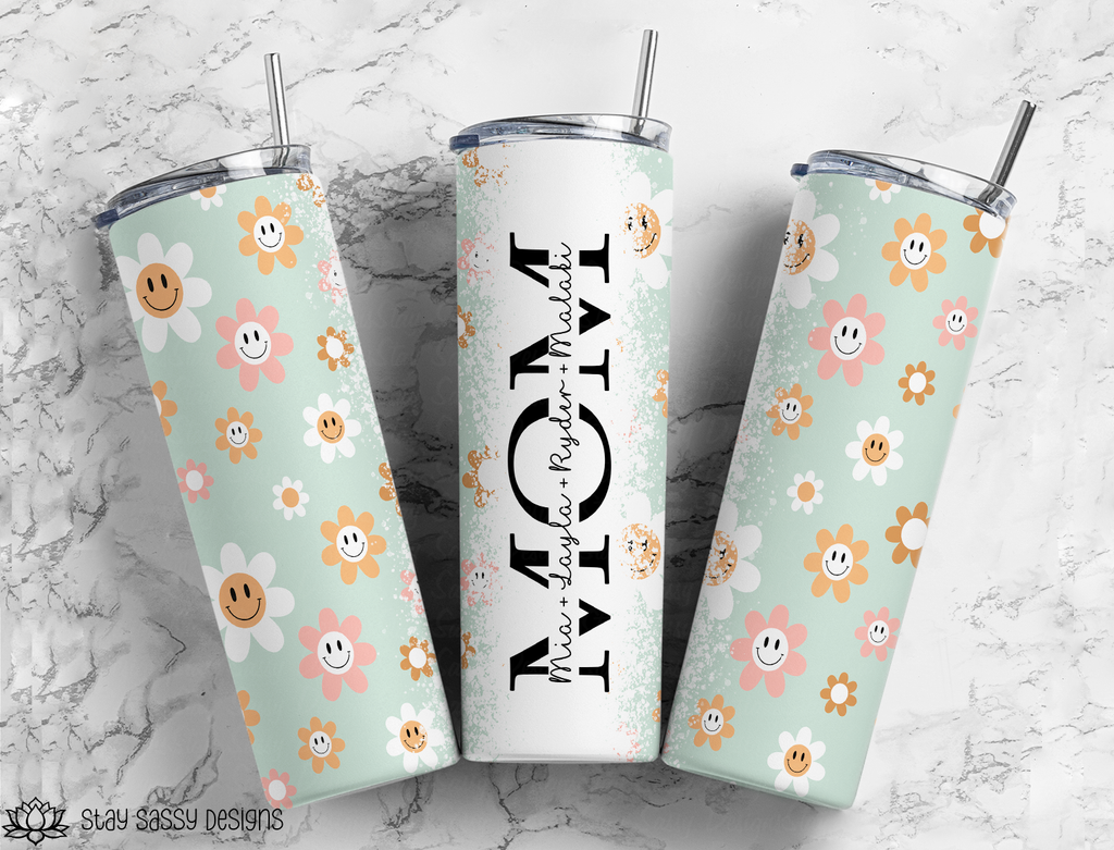 Personalized Retro Floral Smiley Mom Tumbler – Stay Sassy Designs